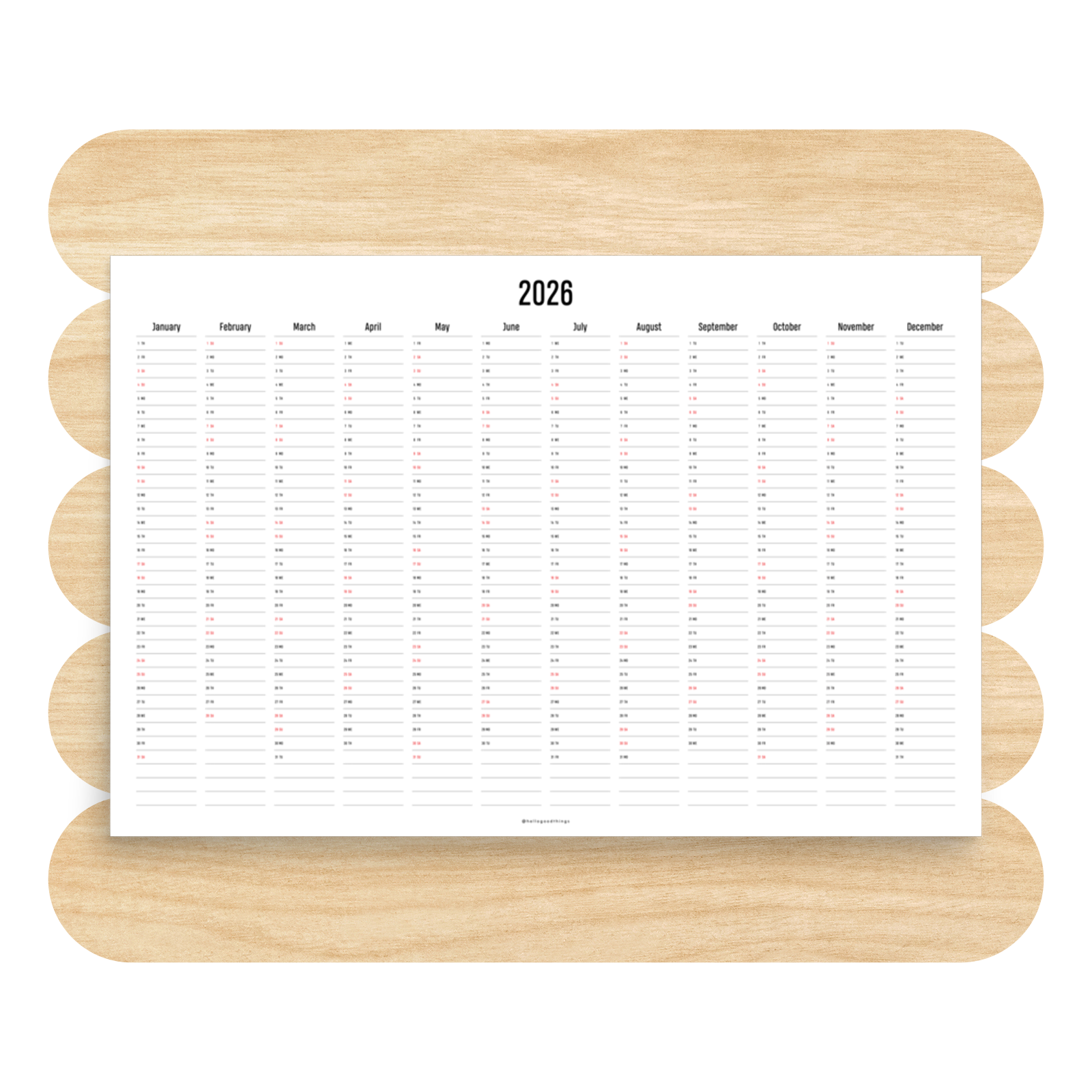 2026 Poster Calendar Printable (36x24, 24x18, 17x11) – Good Things